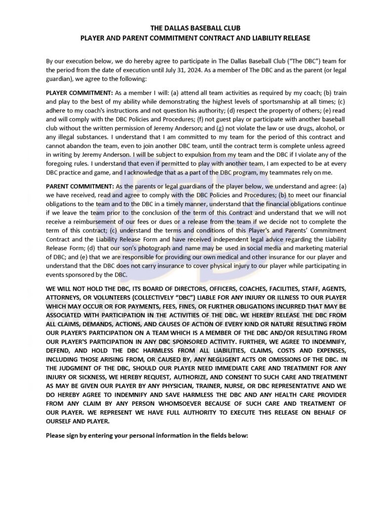 Player Contract & Release - Dallas Hardball